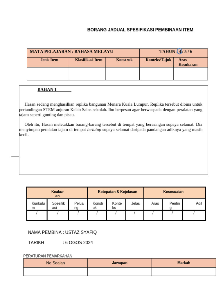 JADUAL SPESIFIKASI UJIAN (JSI) T4 Item 7 8 9 10 bengkel | PDF