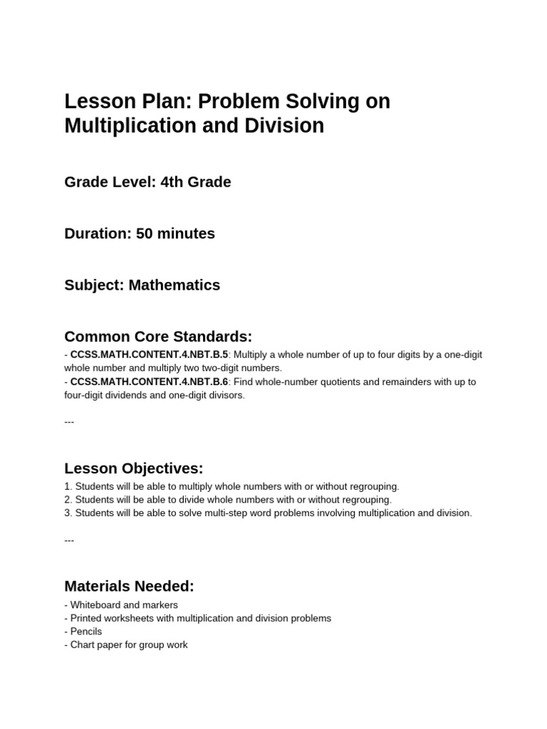 Lesson Plan - Problem Solving On Multiplication and Division | PDF | Division (Mathematics ...