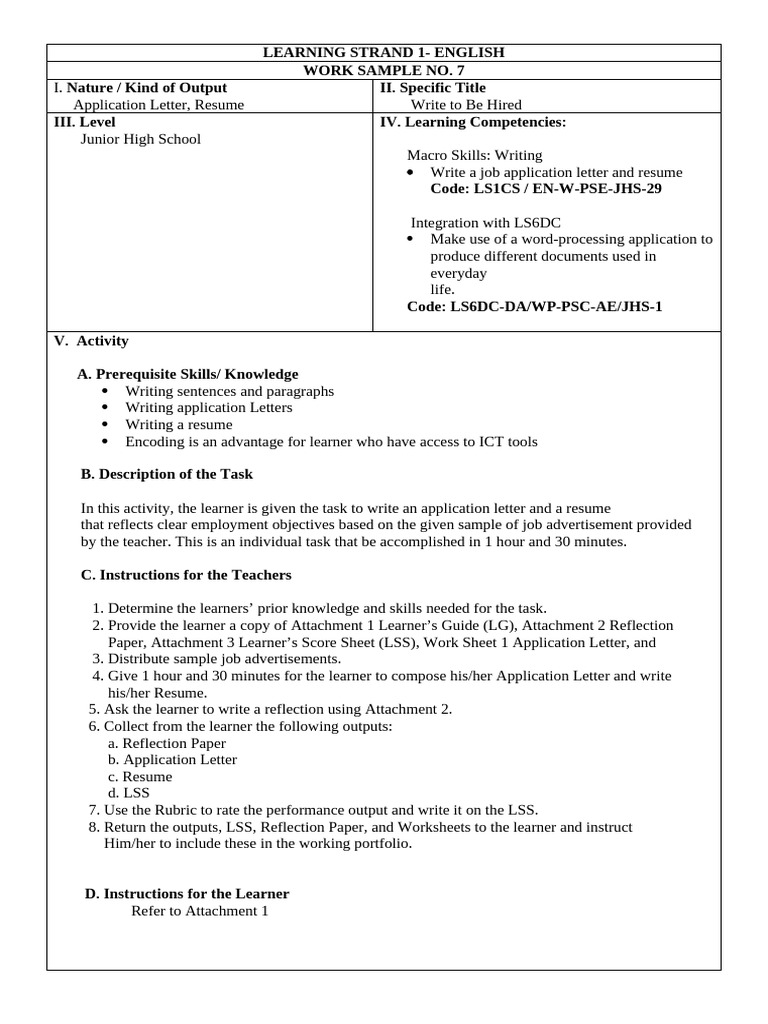 WORK SAMPLE 7 LS1 - English | PDF | Learning | Résumé