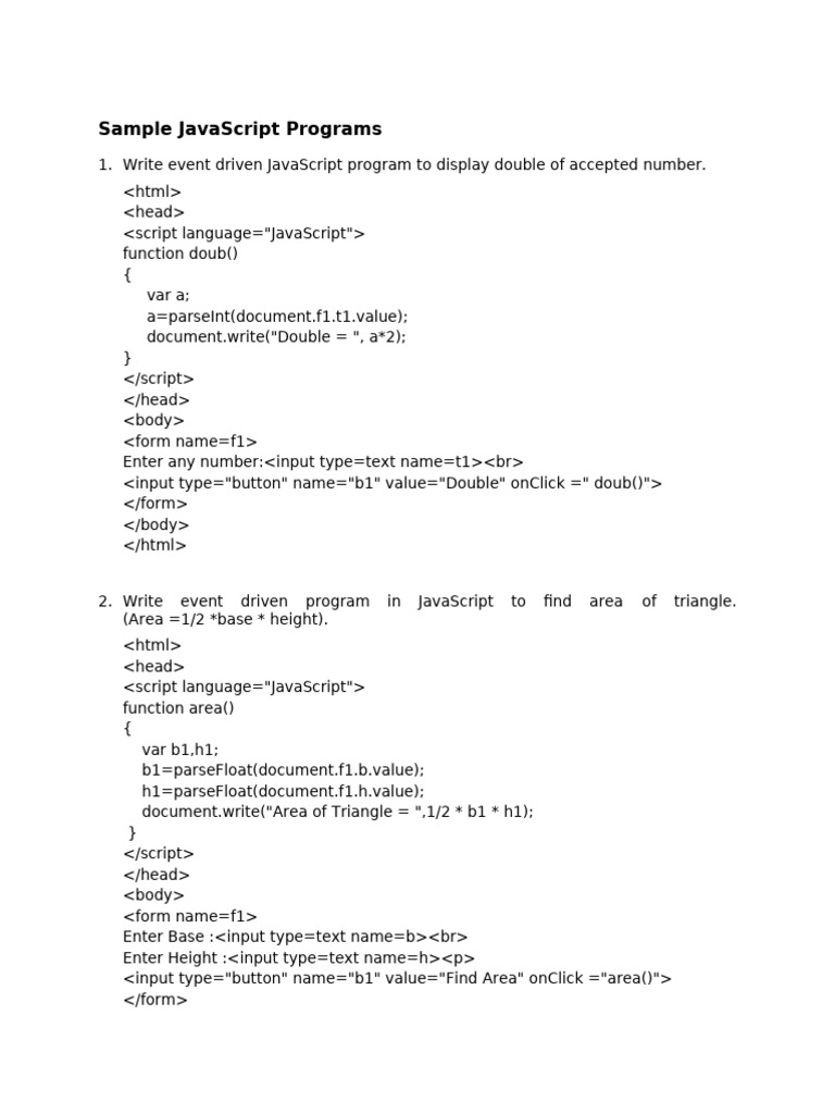 JavaScript_Programs (1) (2) | PDF | Area | Java Script JavaScript_Programs (1) (2) | PDF | Area | Java Script