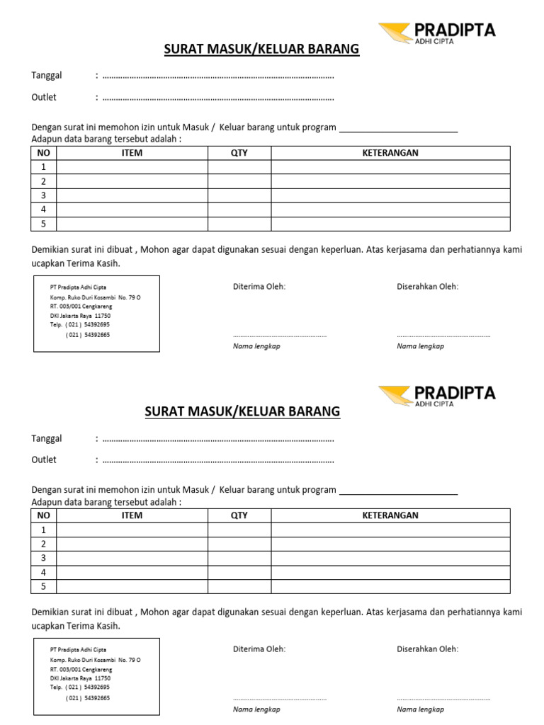 Surat Izin Masuk/Keluar Barang PT Pradipta | PDF