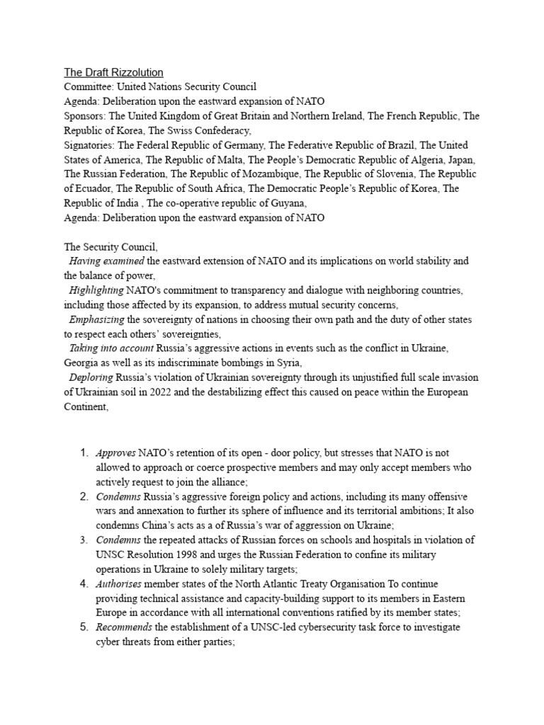 UNSC Draft Rizzolution 1 | PDF | Nato | United Nations Security Council