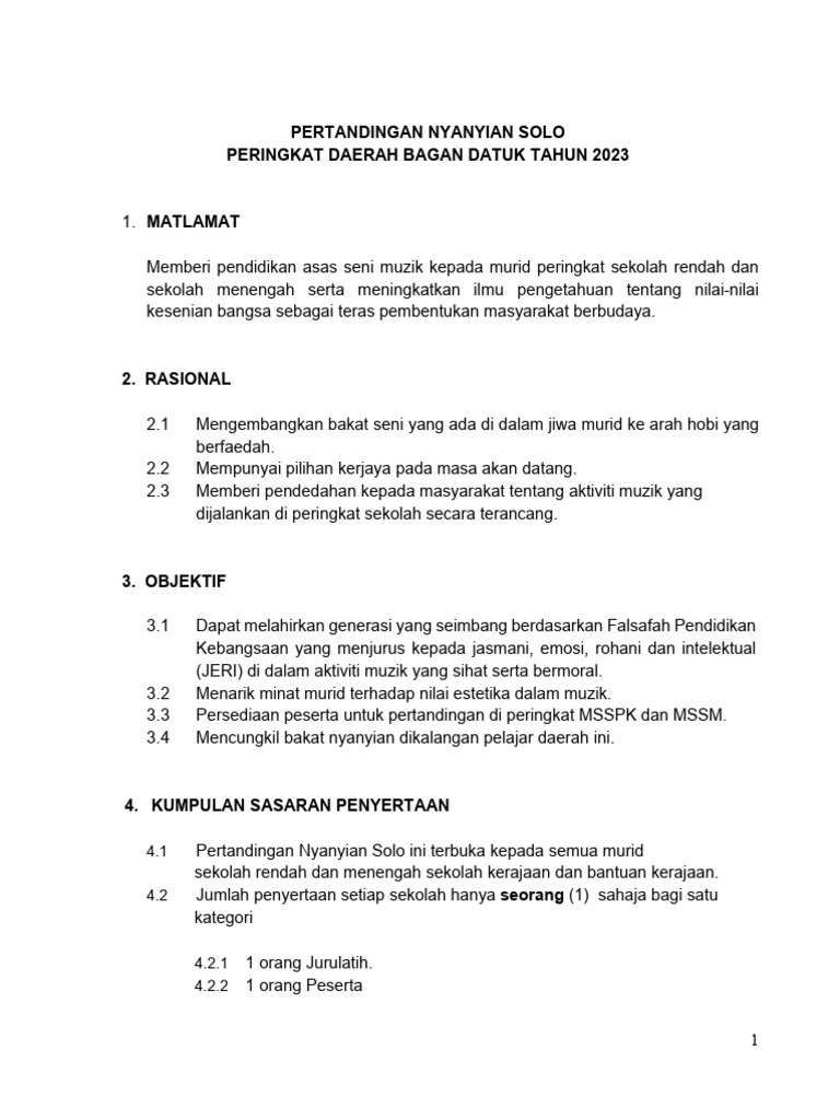 Kertas Konsep Pertandingan Nyanyian Solo Daerah Bagan Datuk 2023 | PDF