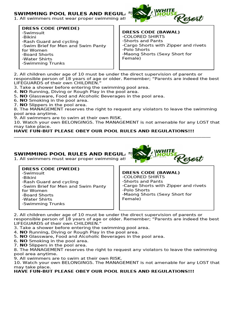Swimming Pool Rules and Regulations | PDF | Swimming | Clothing