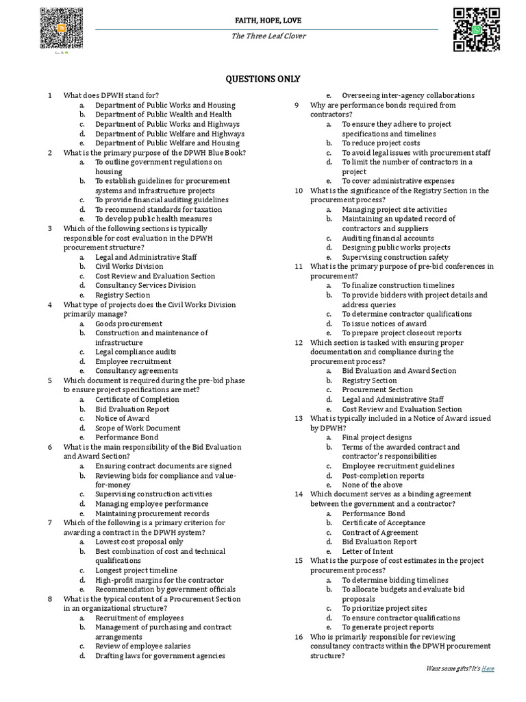 DPWH Blue Book Volume I - 100 Questions and Answers | PDF | Procurement ...
