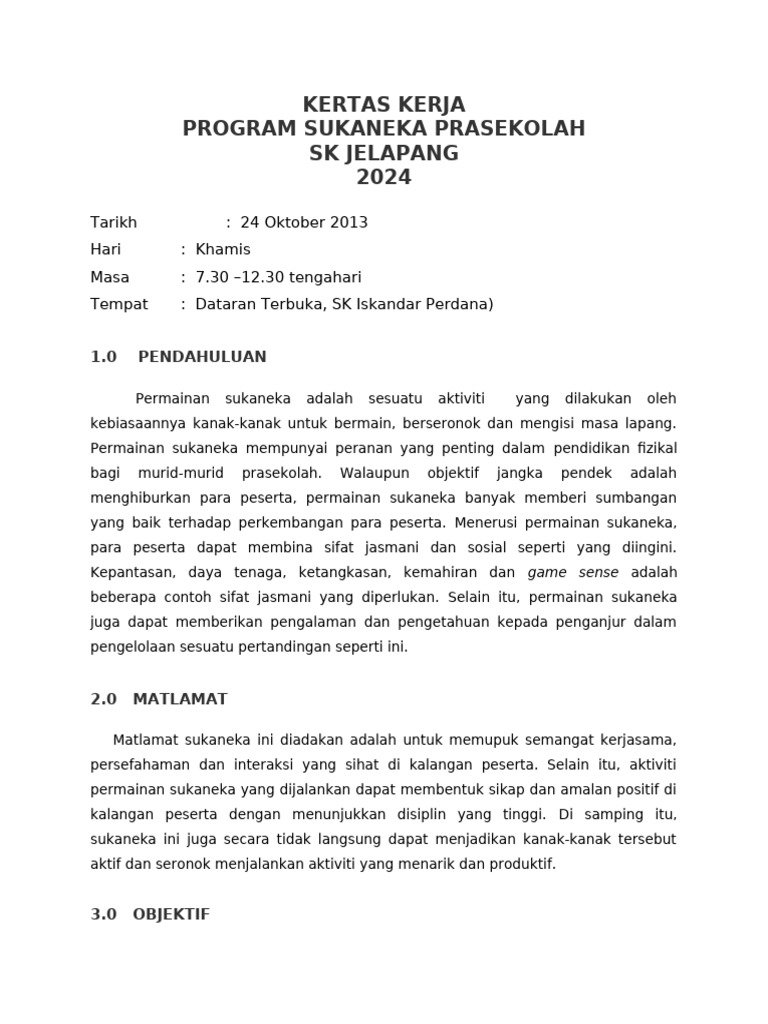 Kertas Kerja Sukaneka Prasekolah | PDF