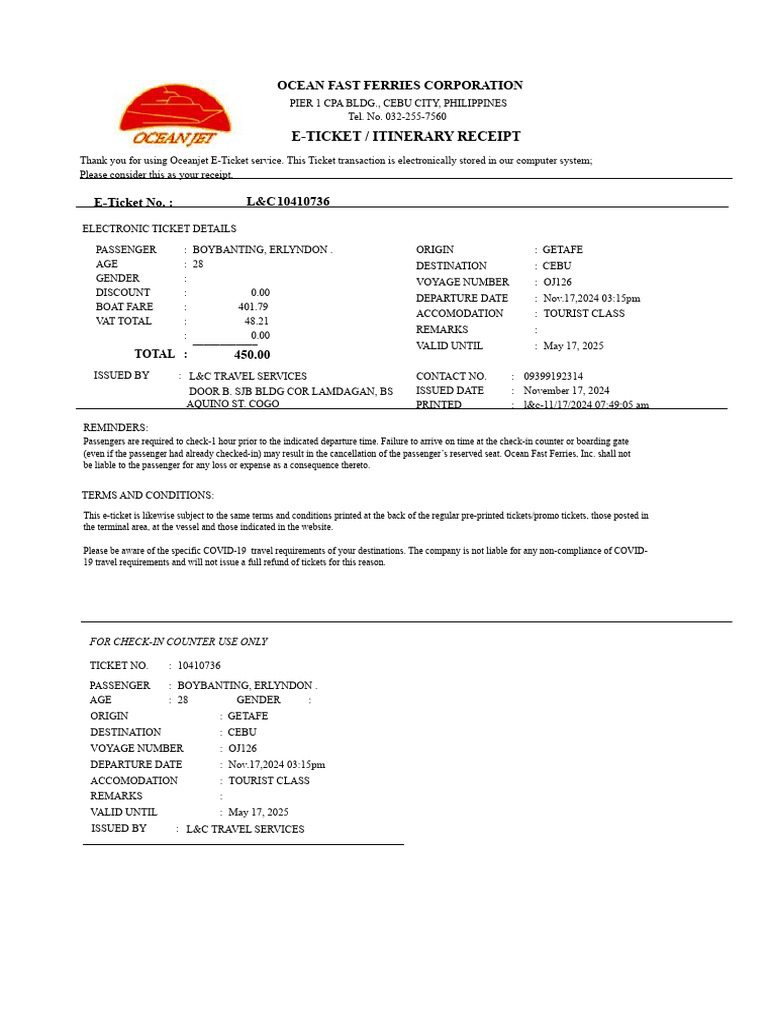 Ocean Fast Ferries E-Ticket Receipt | PDF