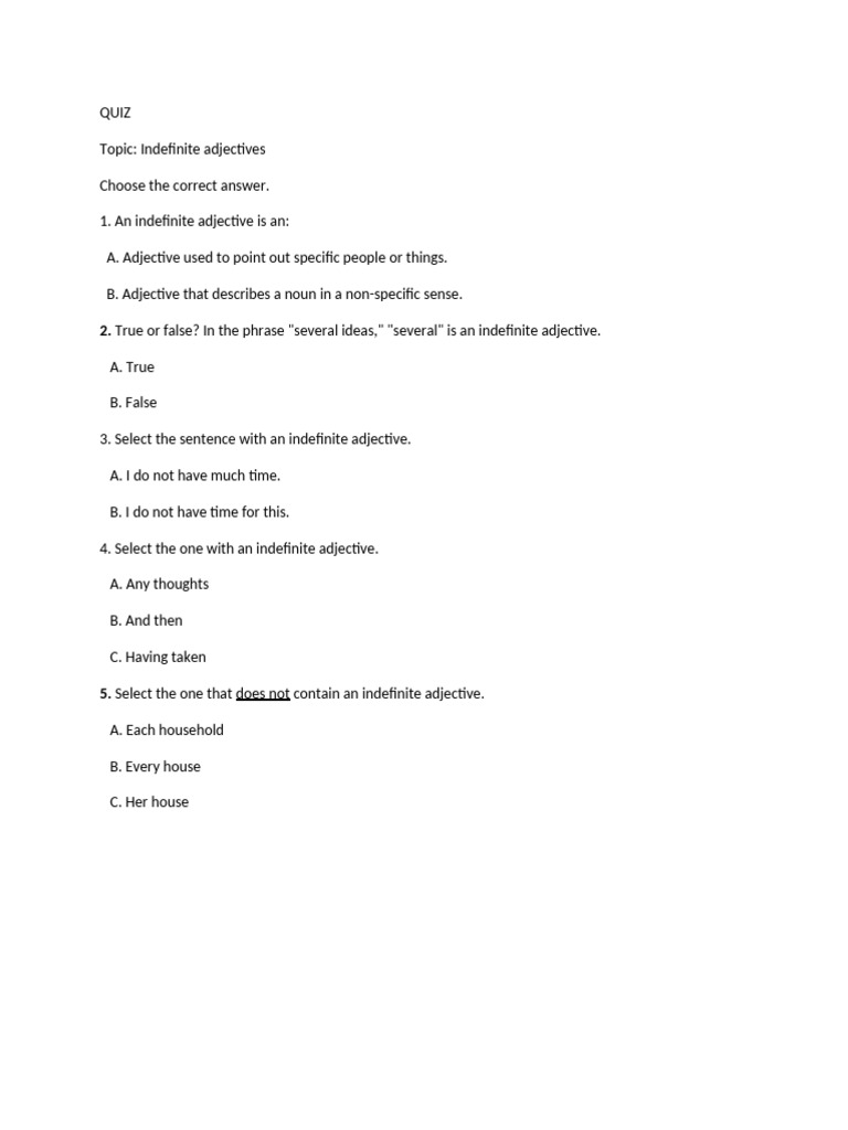 Indefinite & Interrogative Adjectives Quiz | PDF