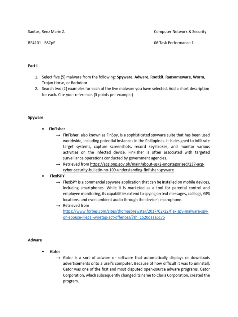 06 Task Performance 1 Computer Network and Security - RMZS | PDF | Malware | Spyware
