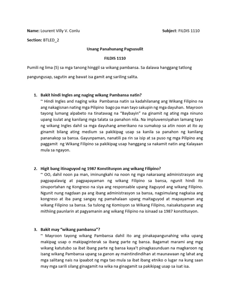 Unang Panahunang Pagsusulit FILDIS 1110 Conlu - Lourent - Villy - BTLED ...