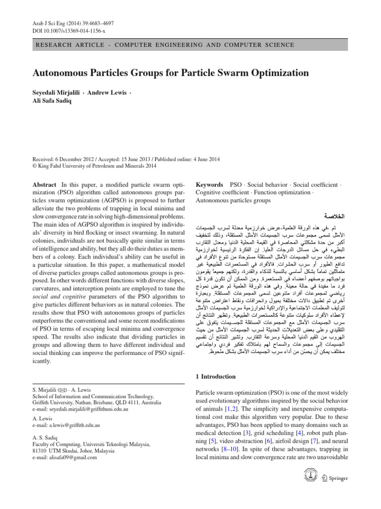 Autonomous Particles Groups For Particle Swarm Optimization: Seyedali ...