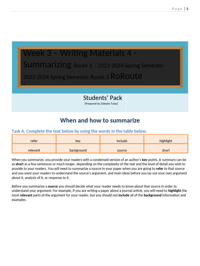 STUDENT PACK Week 3 Writing Materials 4 Summarizing | PDF | Ultraviolet ...