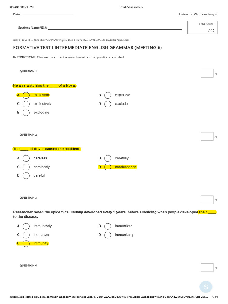 Formative Test I Intermediate English Grammar Ak | PDF | Adjective | Adverb