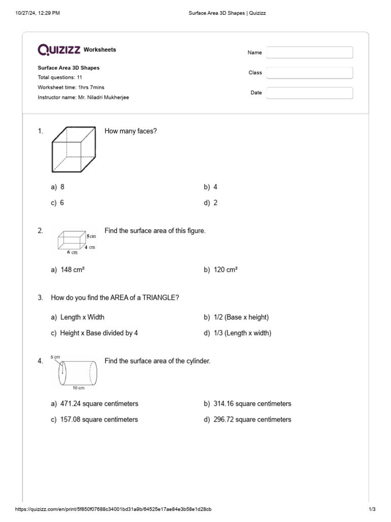 Surface Area Worksheets for 3D Shapes | PDF | Area | Length