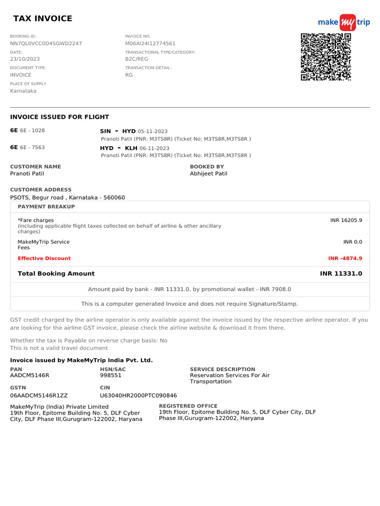 Tax Invoice: Invoice Issued For Flight | PDF | Invoice | Payments
