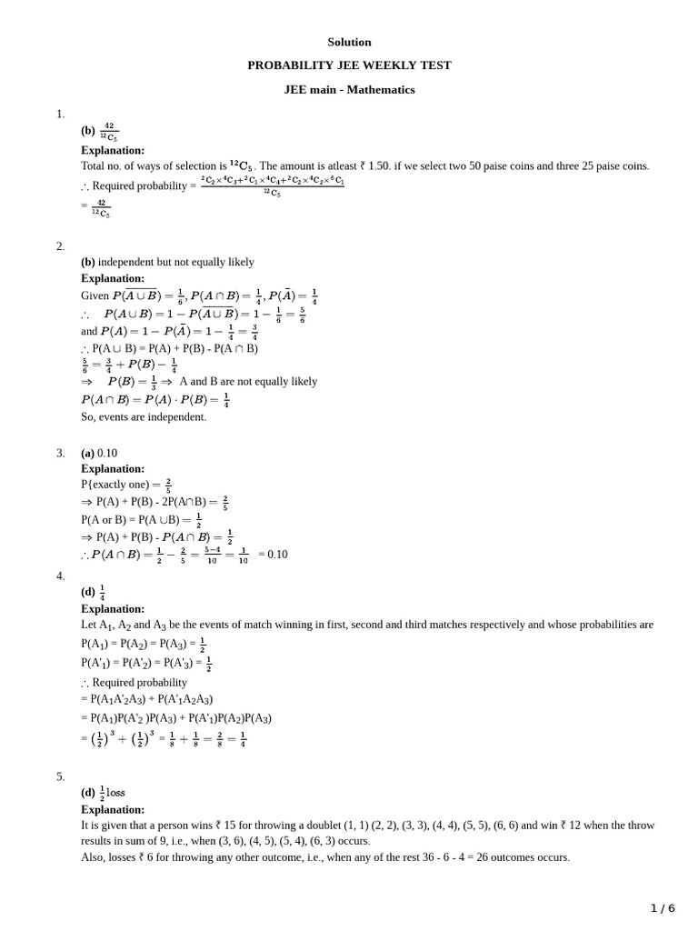 JEE Weekly Test: Probability Solutions | PDF | Statistical Theory ...