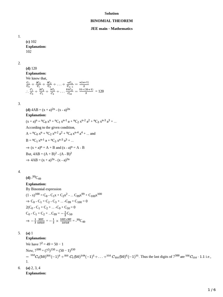 Binomial Theorem Solutions | PDF | Mathematics