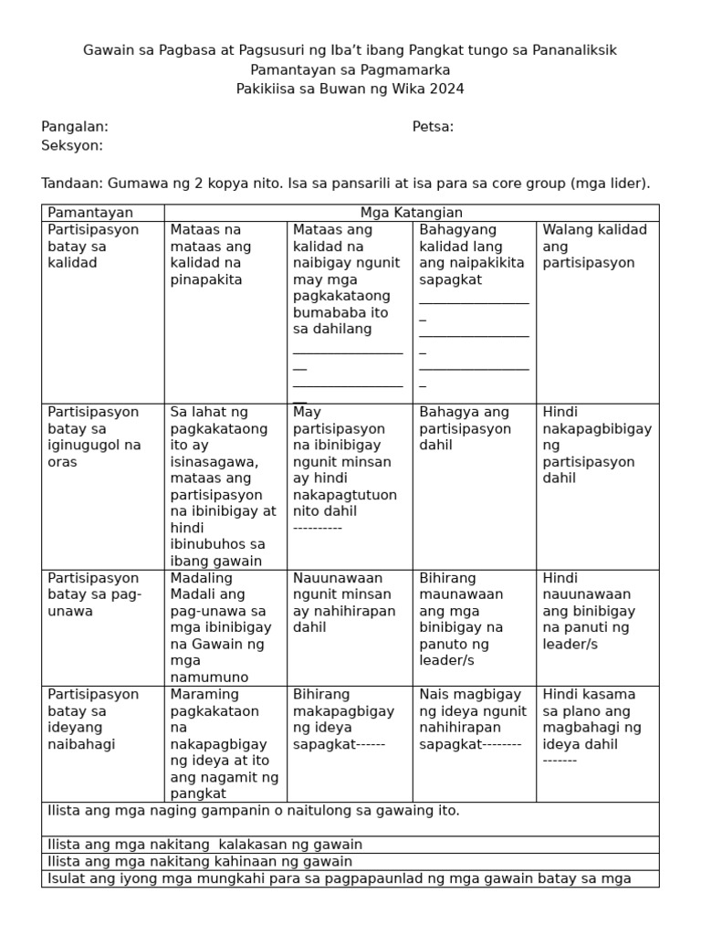 Pamantayan Sa Pagmamarka | PDF