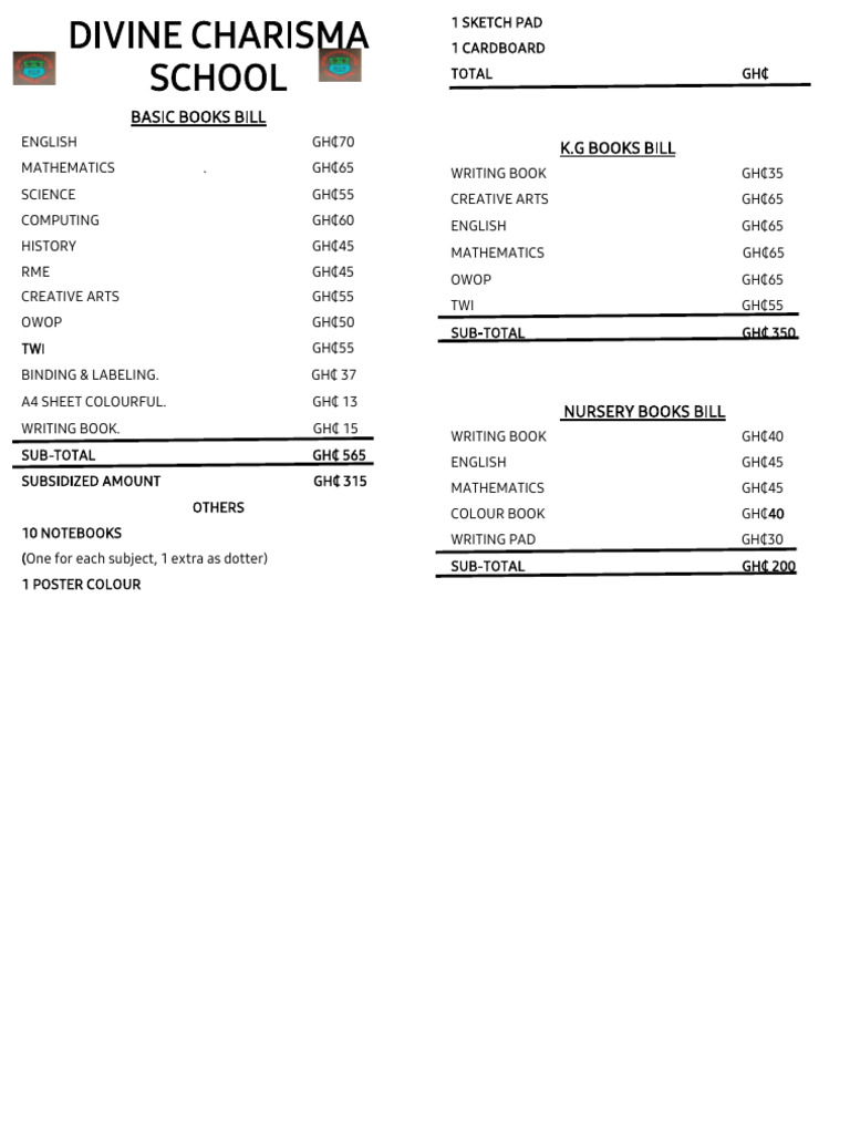 Divine Charisma School Book Costs | PDF