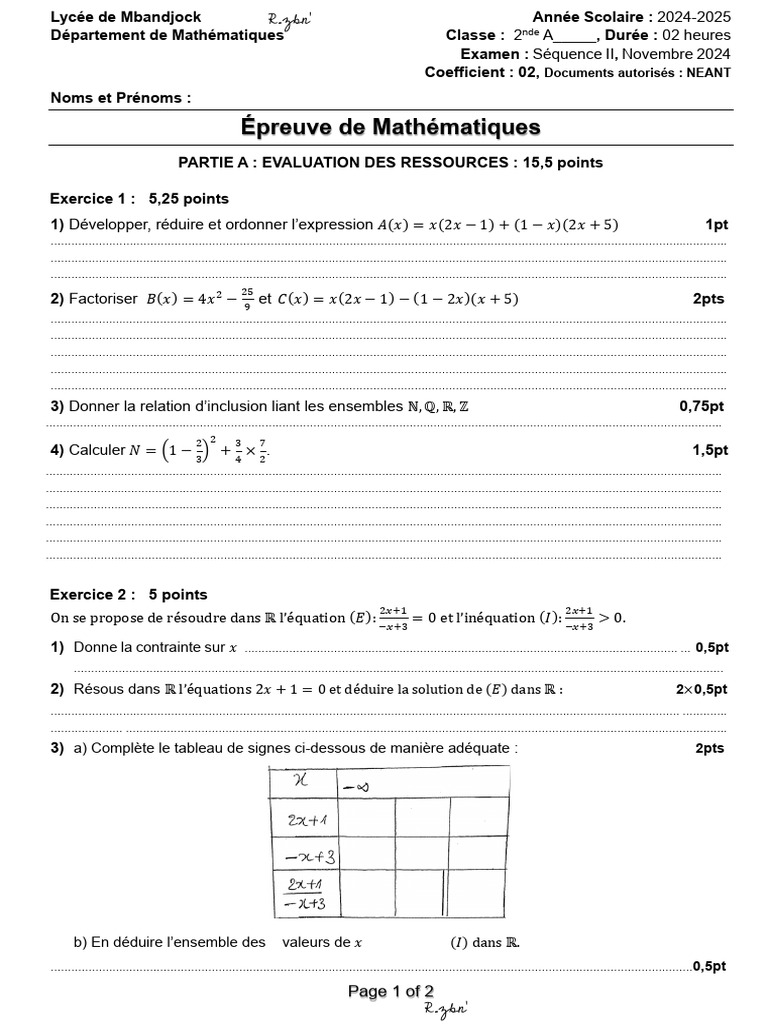 MATHS - Eval - No2. - 2nde A - 20242025 | PDF