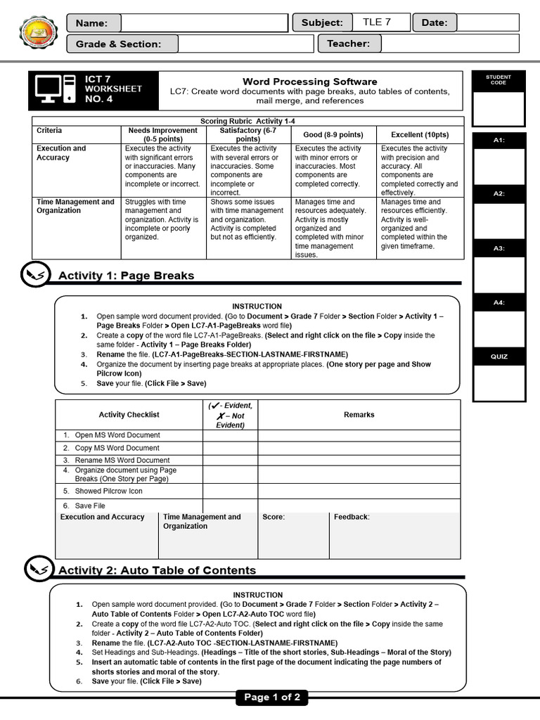 Word Processing Activities for Grade 7 | PDF | Accuracy And Precision ...