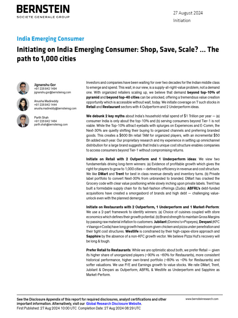 BERN India Emerging Consumer Initiating On India Emerging Consumer ...