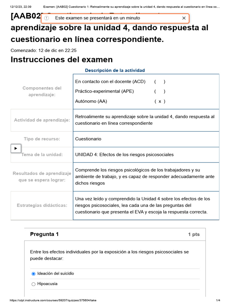 Examen - (AAB02) Cuestionario 1 - Retroalimente Su Aprendizaje Sobre La Unidad 4, Dando ...