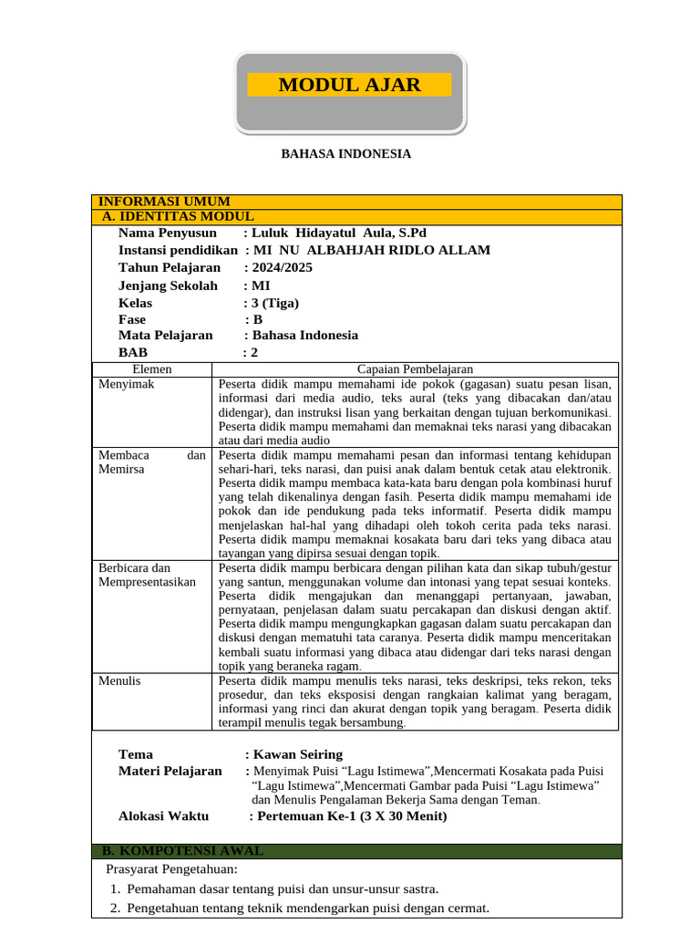 Modul Bahasa Indonesia Kelas 3: Puisi "Lagu Istimewa" | PDF | Karier ...