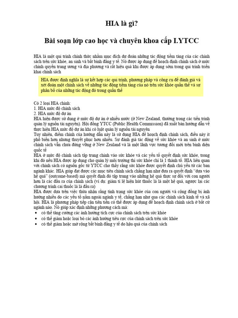 HIA Là Gì? Bài So NL Pcaoh C Và Chuyên Khoa C P I.Ytcc | PDF