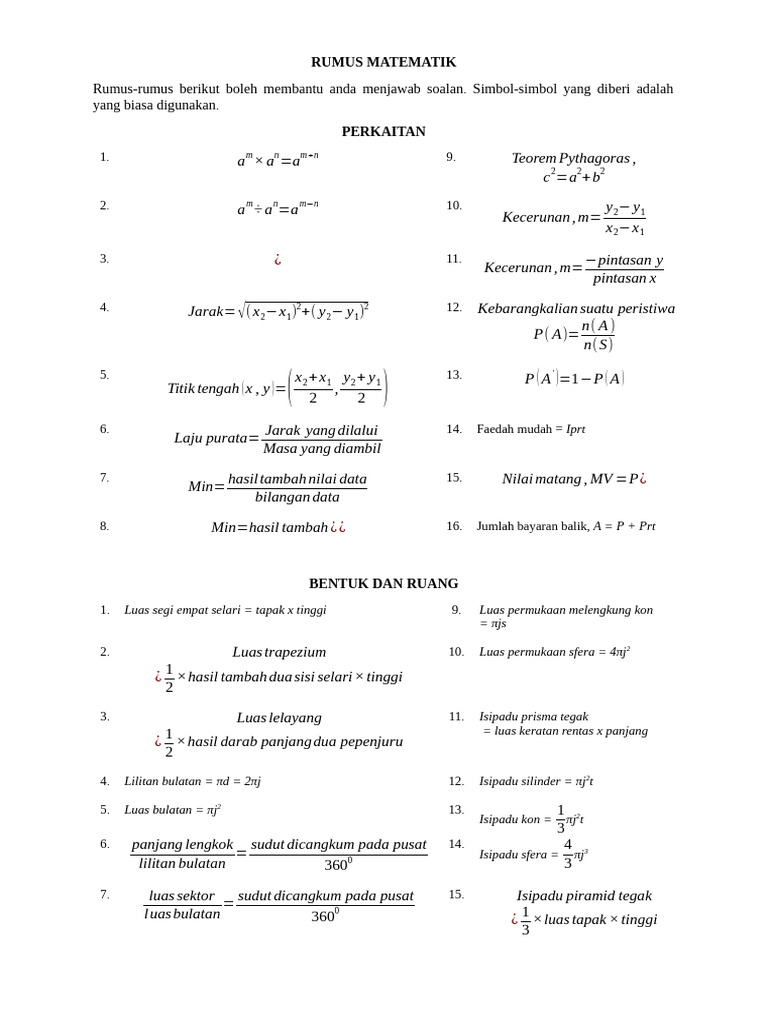 Rumus Matematik Menengah Rendah KSSM Ringkas | PDF