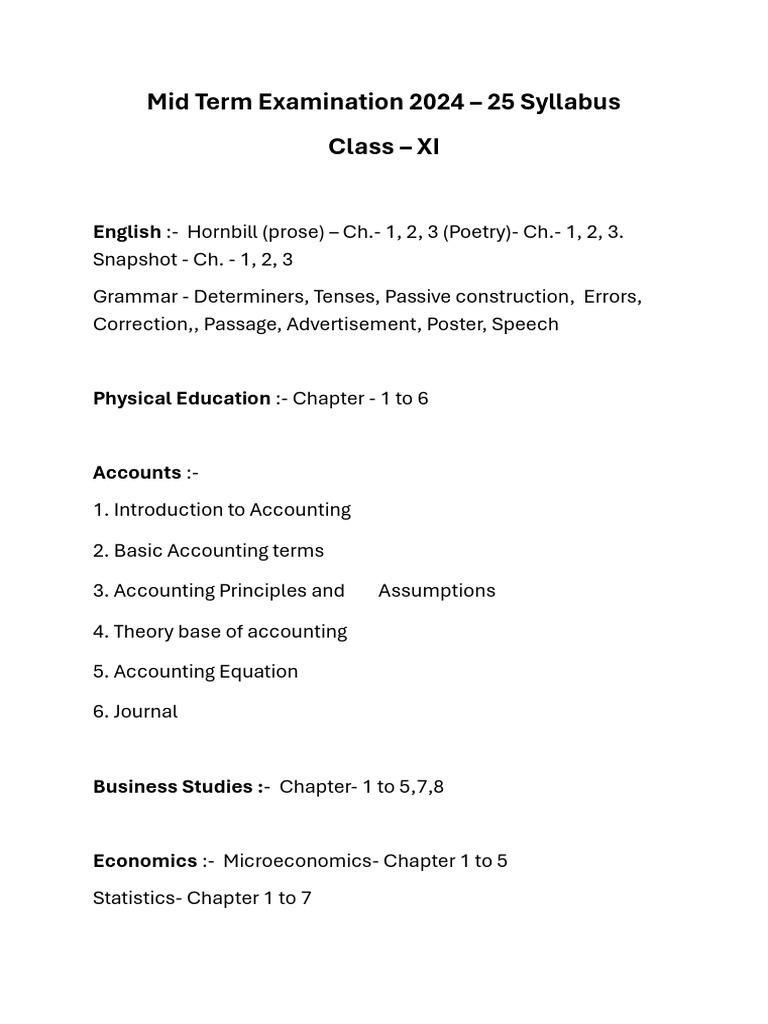 Class 11th Mid Term Syllabus | PDF | Foreign Language Studies