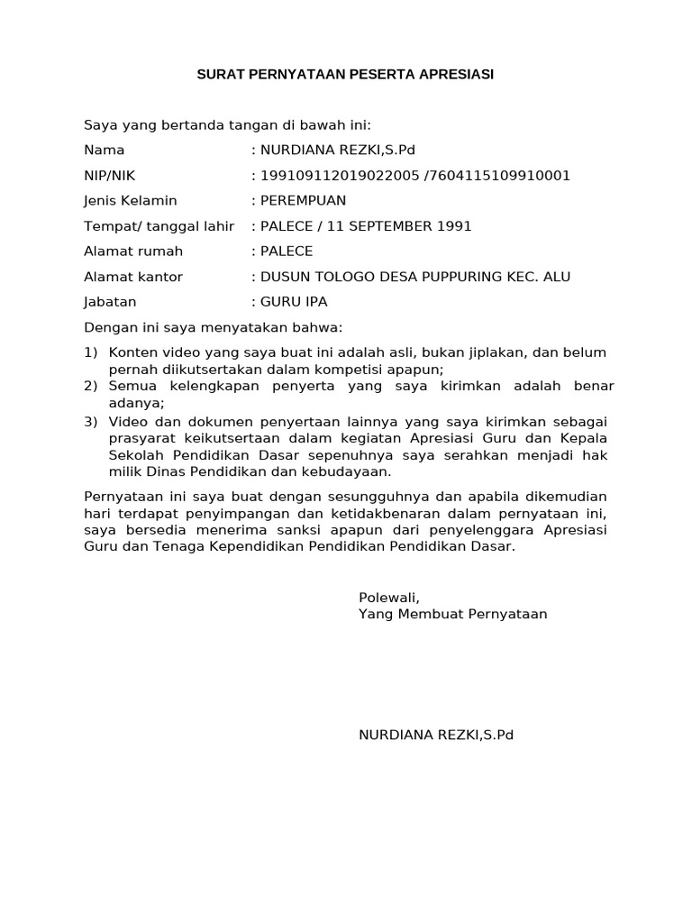 Surat Pernyataan Apresiasi GTK | PDF