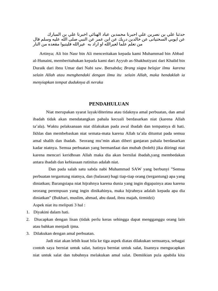 Hadits Tentang Niat Menuntut Ilmu Karena Selain Allah | PDF