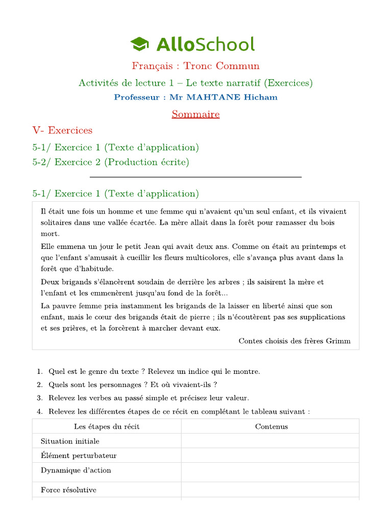 Activites de Lecture 1 Le Texte Narratif Exercices 4 | PDF