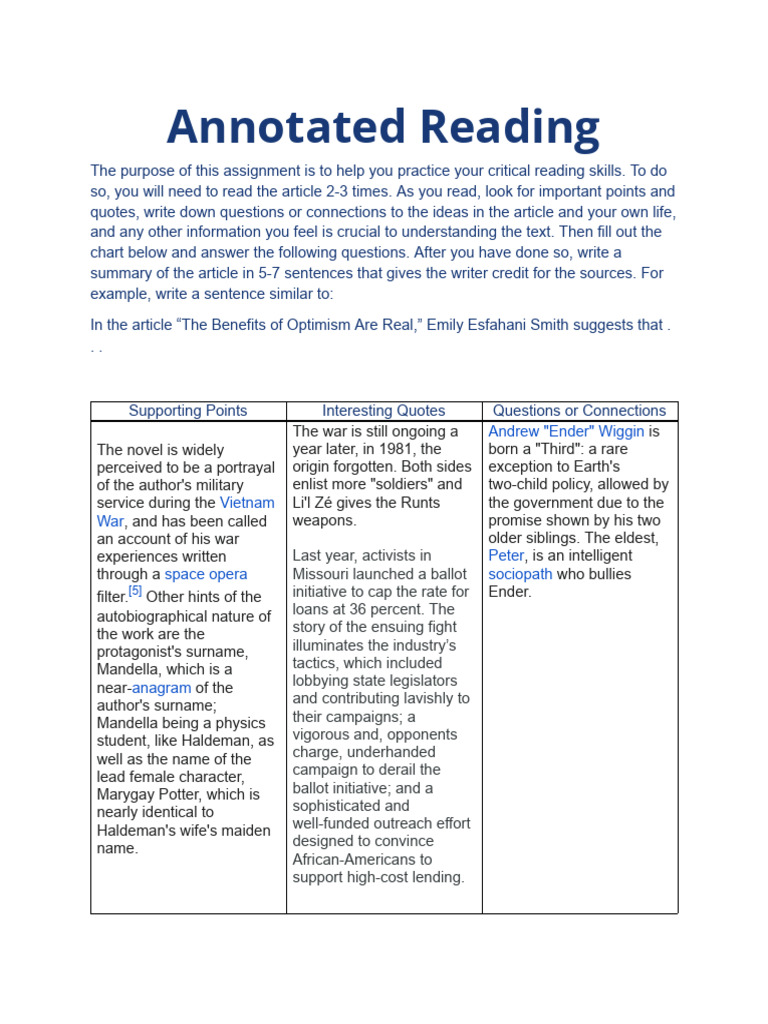 Annotated Reading Chart | PDF