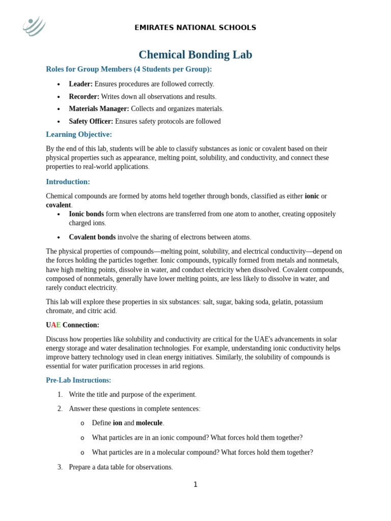 Gr9 Chemical Bond Lab | PDF | Chemical Compounds | Ionic Bonding