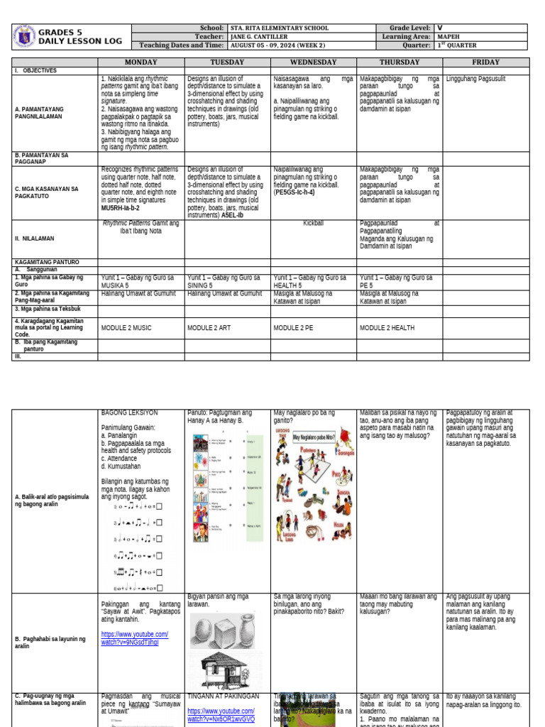 JGC - DLL - Q1 - Mapeh W2 Aug05-09 | PDF