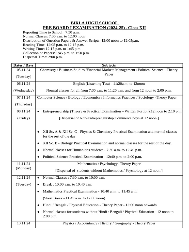 2024 - Class XII - Pre-Board I Time Table | PDF | Science