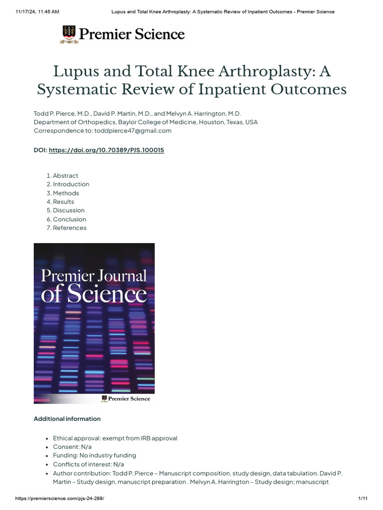 Lupus and Total Knee Arthroplasty - A Systematic Review of Inpatient Outcomes - Premier Science ...