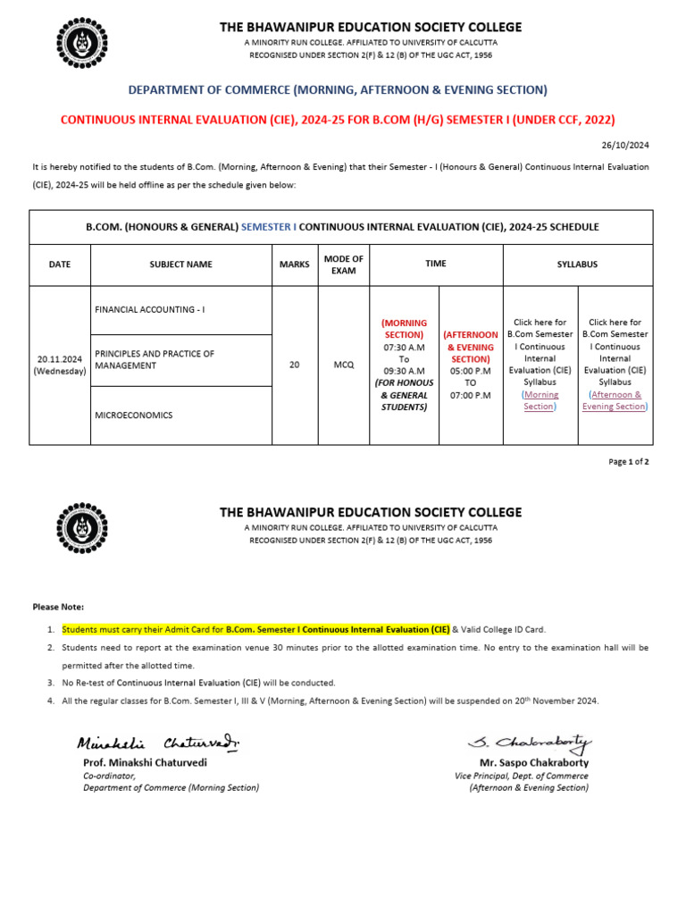 CIE Examination Notice Morning Afternoon Evening SEM I 2024 25 | PDF | Qualifications ...
