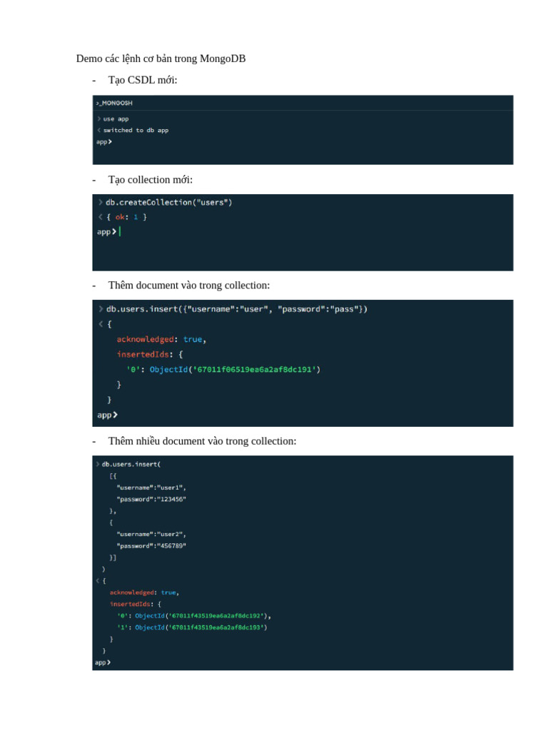 Demo các lệnh cơ bản trong MongoDB | PDF