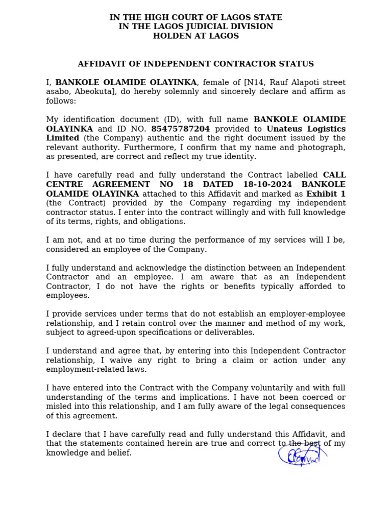Bankole Olamide Olayinka Affidavit Org | PDF | Finance & Money ...