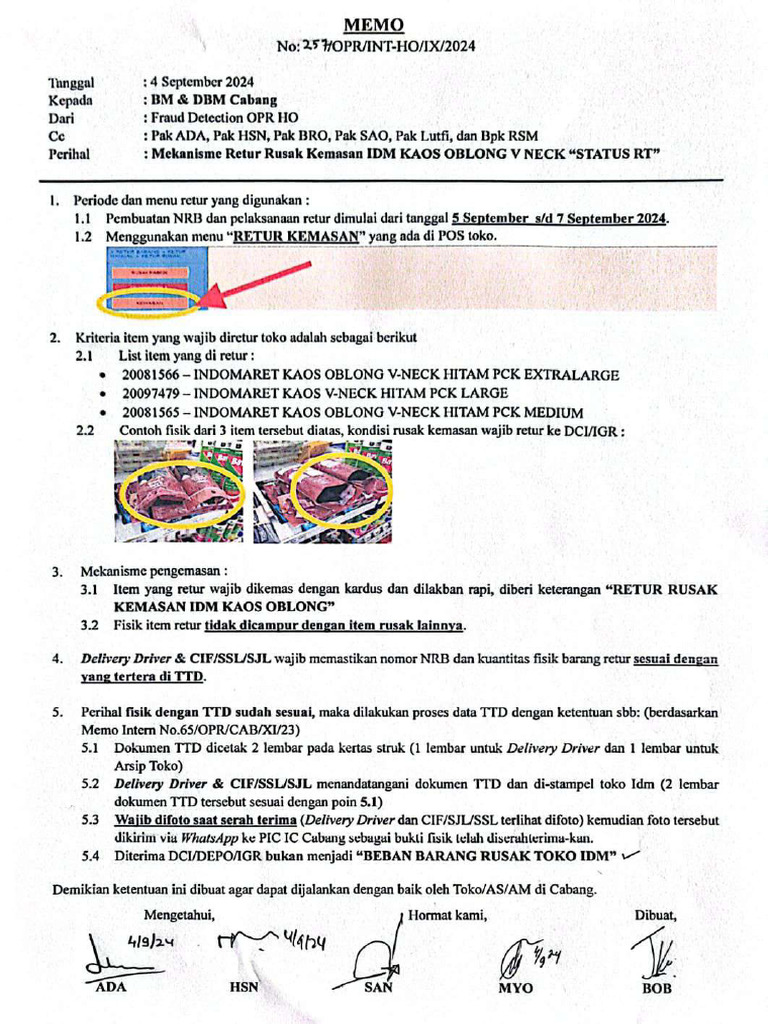 Memo No.257-OPR-INT-HO-IX-2024 - Retur Rusak Kemasan IDM Kaos Oblong V-Neck | PDF