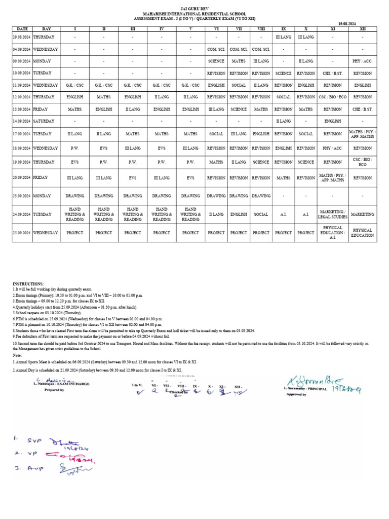 Quarterly Exam Time Table 2024 | PDF
