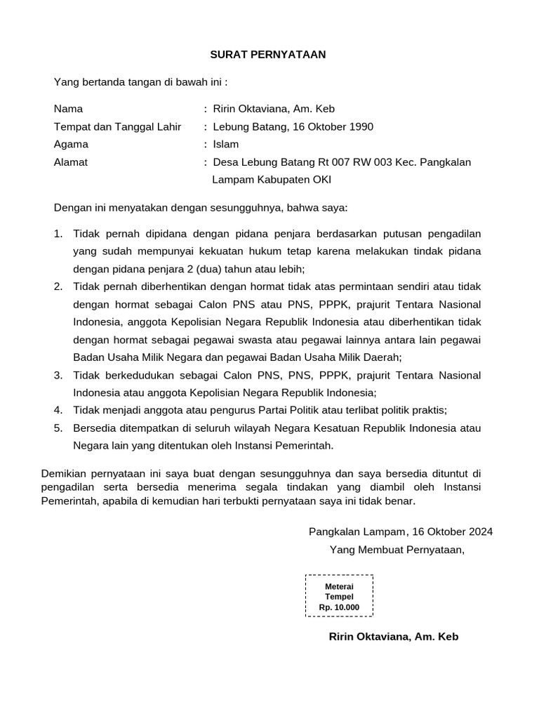 Salin-SURAT PERNYATAAN RIRIN | PDF