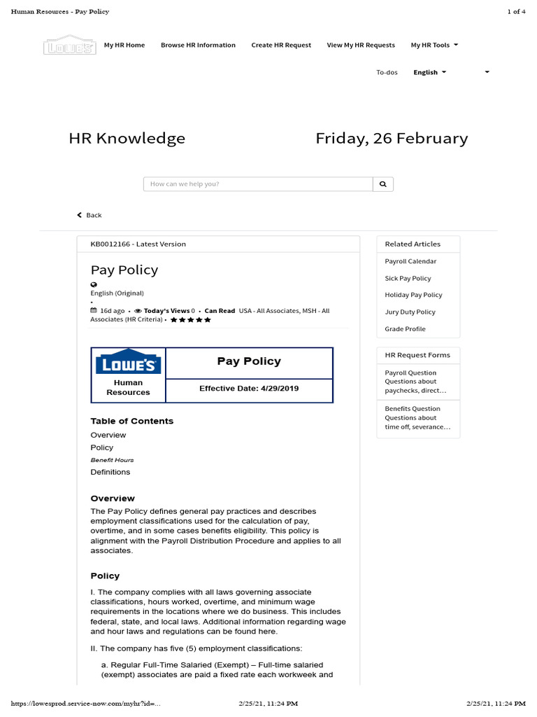 Lowe's HR Pay Policy Overview | PDF | Overtime | Payroll