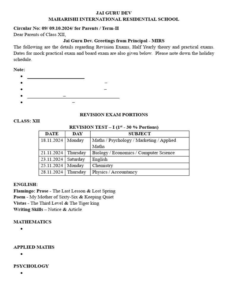 Class XII Revision Exam Schedule 2024 | PDF | Mathematics | Applied ...