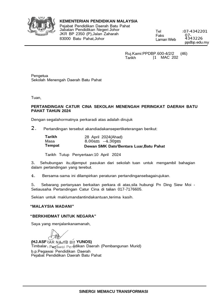 Pertandingan Catur Cina Sekolah Menengah Peringkat Daerah Batu Pahat | PDF