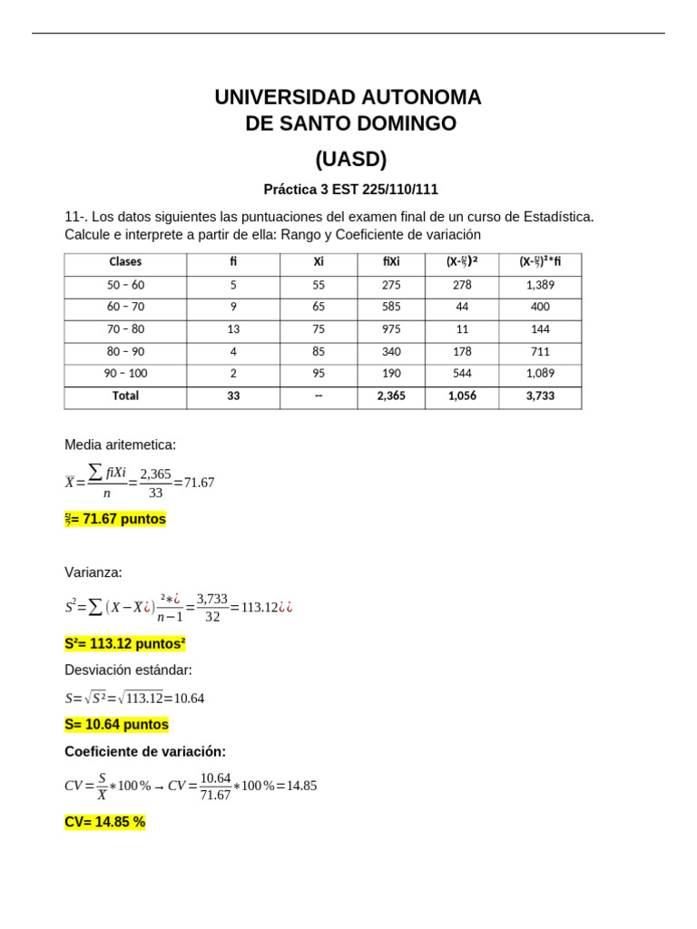 PR Ctica 3 EST 225 110 111 | PDF | Análisis estadístico | Enseñanza de matemática