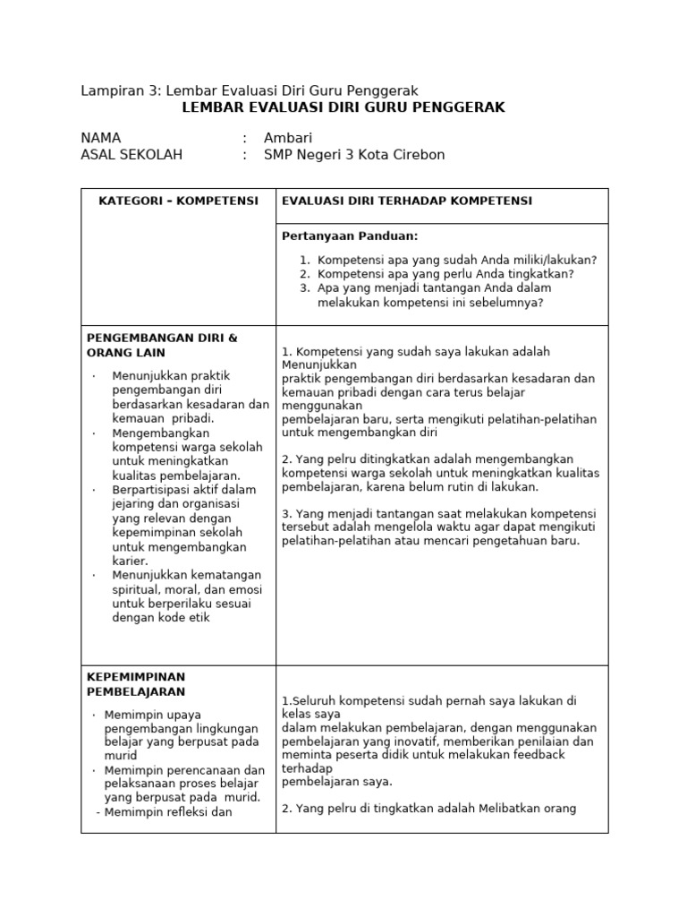 Lampiran 3 - Lembar Evaluasi Diri Guru Penggerak (Ambari) | PDF
